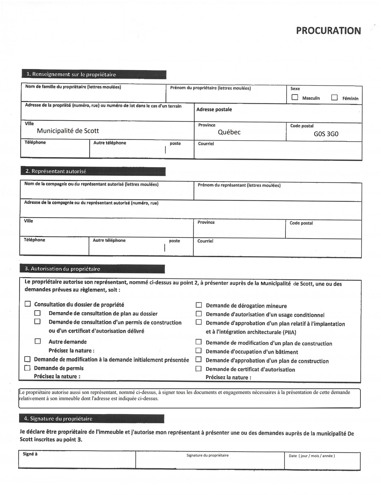 Procuration - Municipalité de Scott